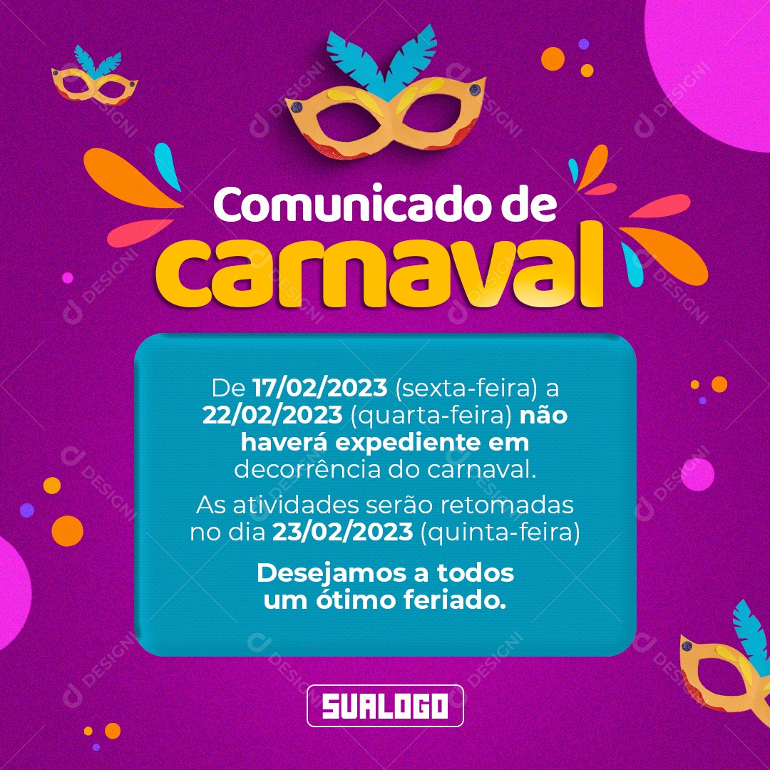 Post Comunicado de Carnaval Social Media PSD Editável [download] - Designi