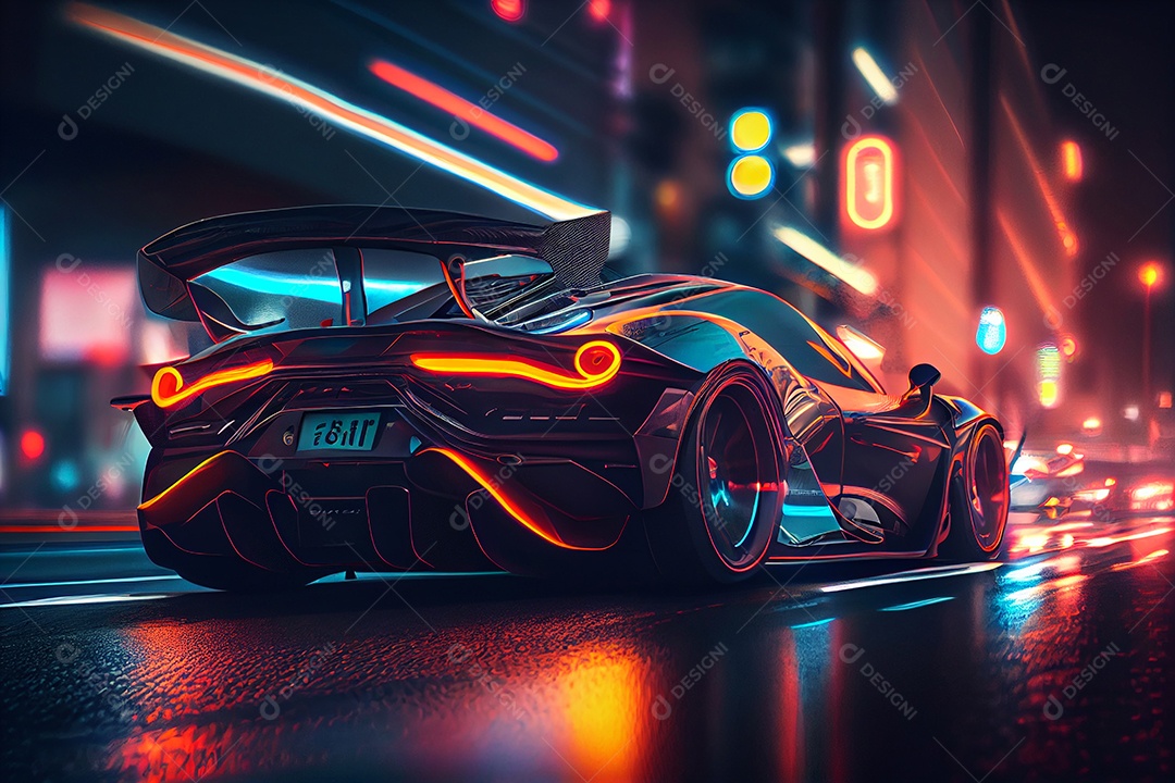 Lindo carro esportivo andando sobre ruas iluminada cidade [download] - Designi