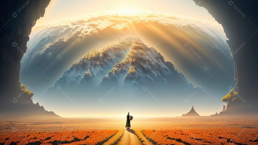 Imagem realista de pessoa caminhando sobre lindo lugar. [download] - Designi