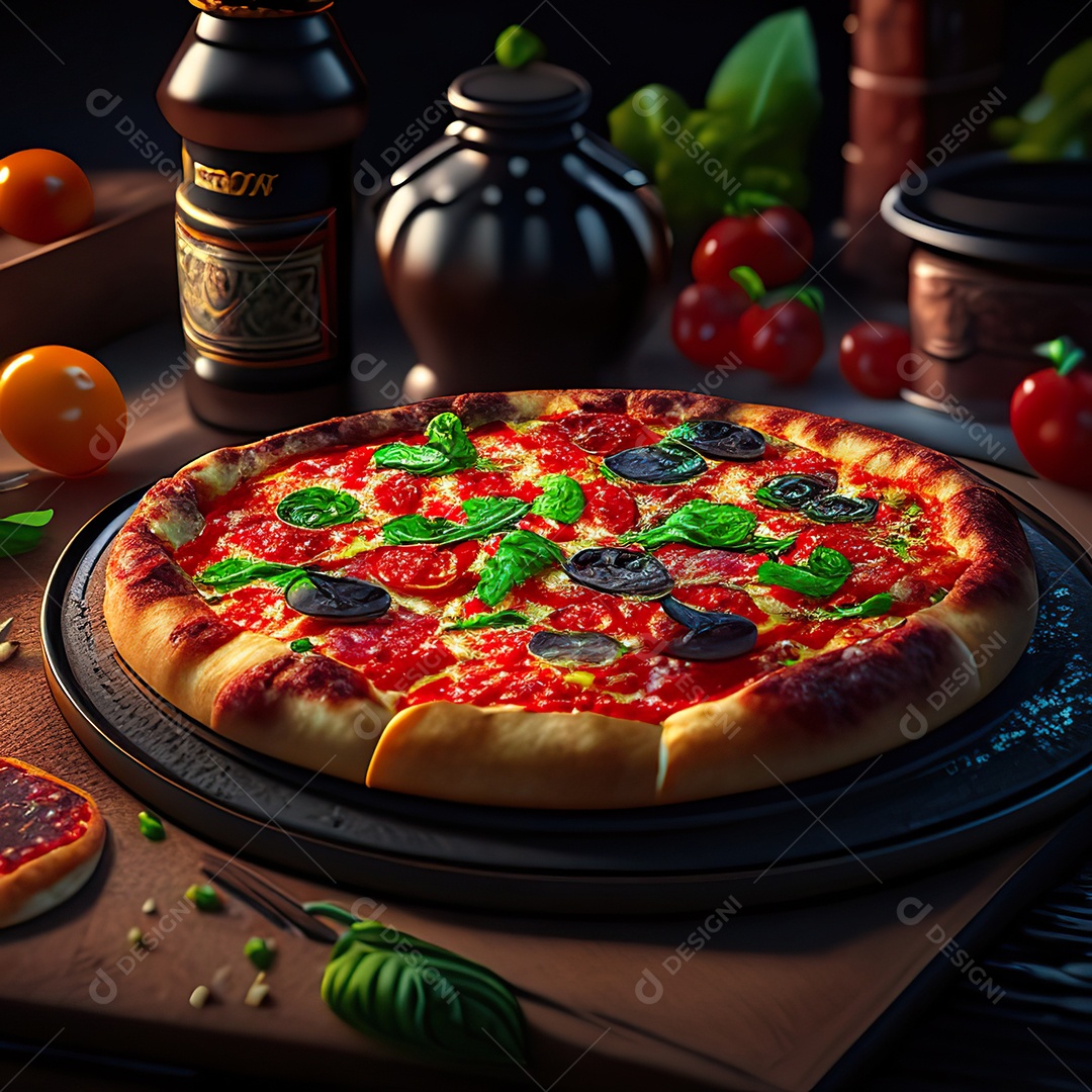 Retrato realista de pizza sobre uma mesa de madeira [download] - Designi