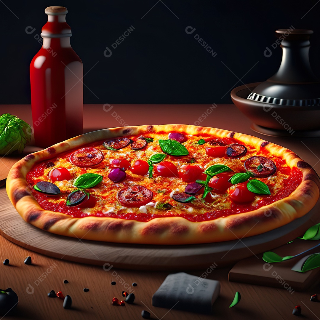 Retrato realista de pizza sobre uma mesa de madeira [download] - Designi