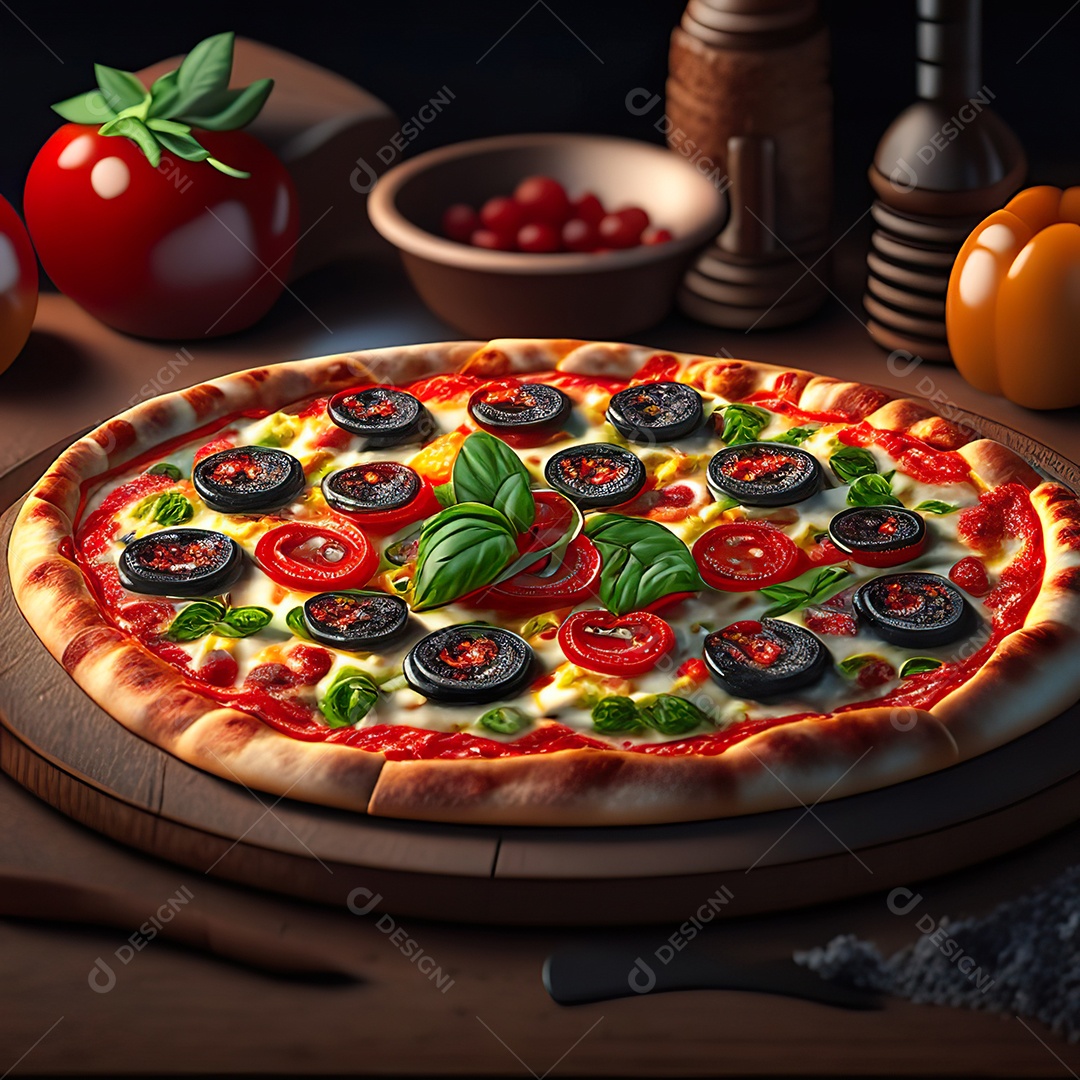 Retrato realista de pizza sobre uma mesa de madeira [download] - Designi