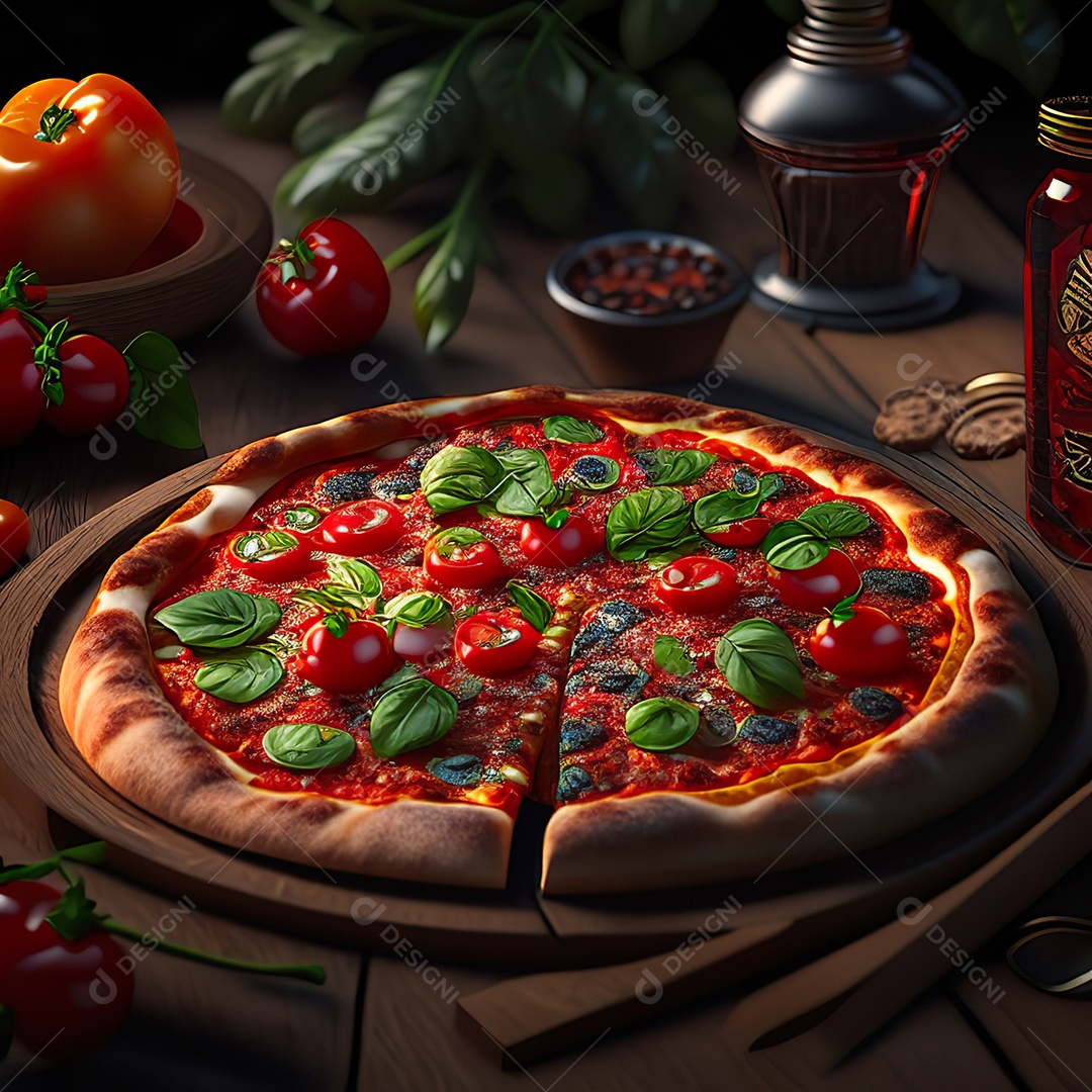 Retrato realista de pizza sobre uma mesa de madeira [download] - Designi