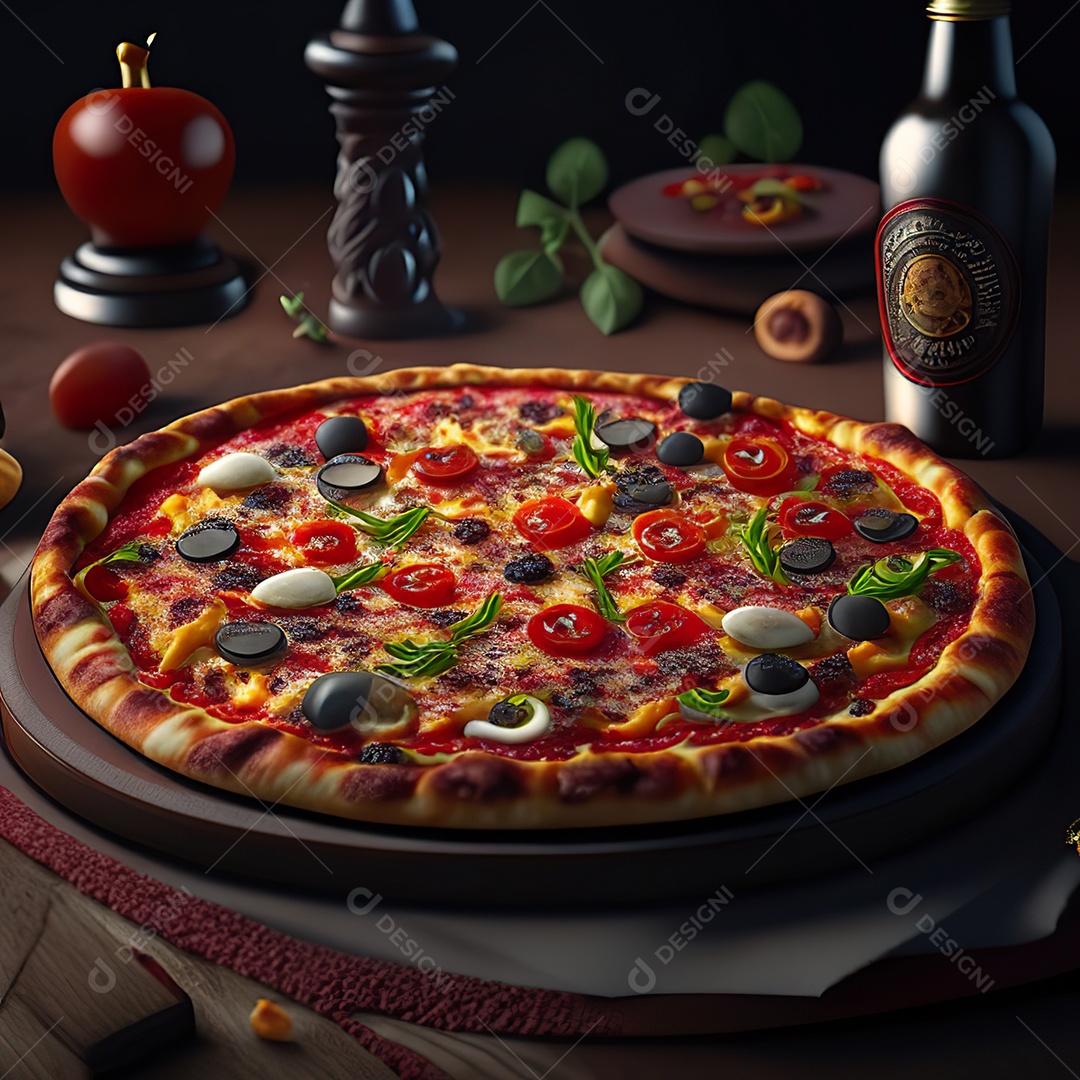 Retrato realista de pizza sobre uma mesa de madeira [download] - Designi