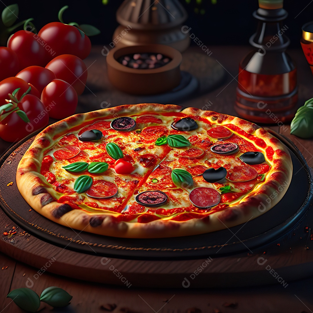 Retrato realista de pizza sobre uma mesa de madeira [download] - Designi