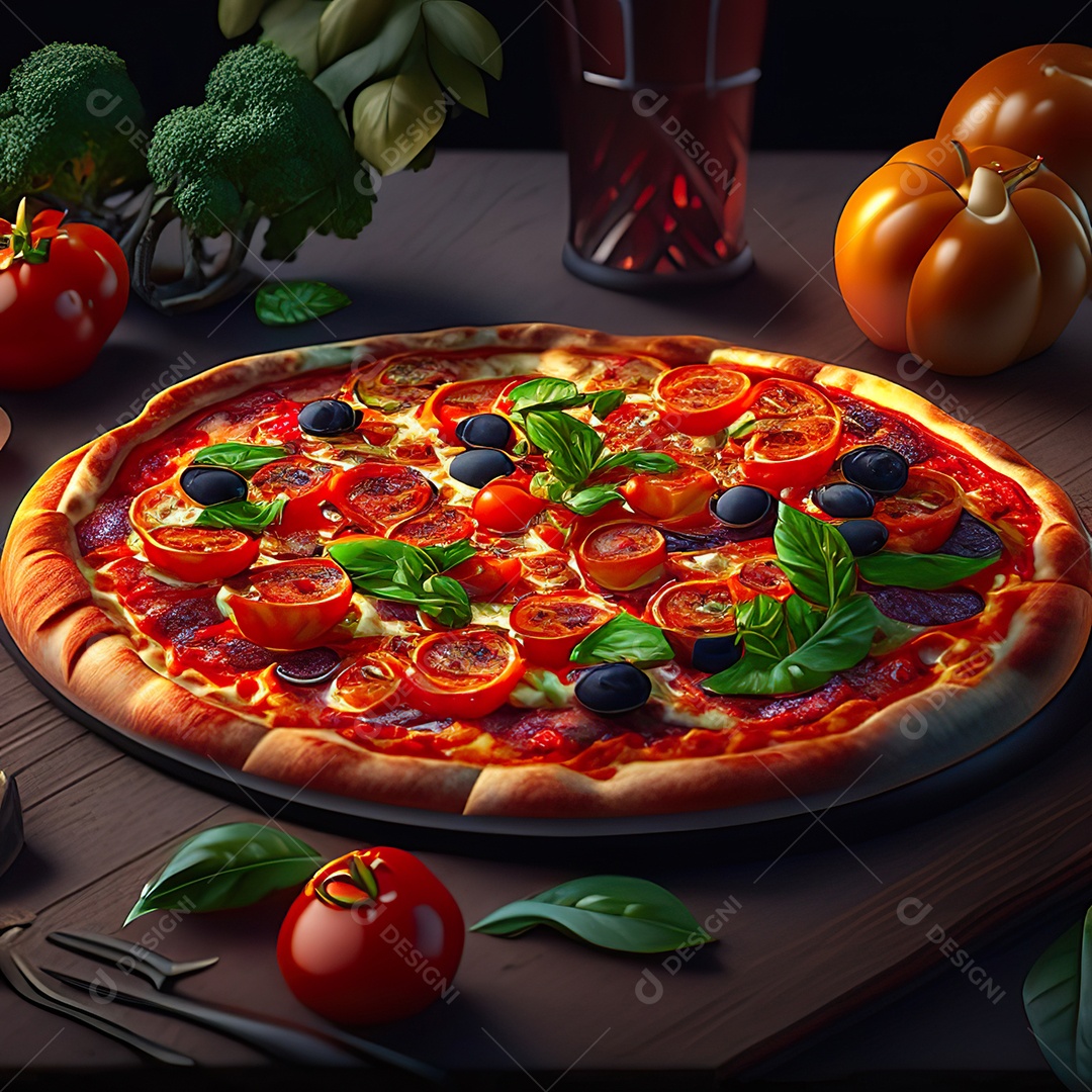 Retrato realista de pizza sobre uma mesa de madeira [download] - Designi
