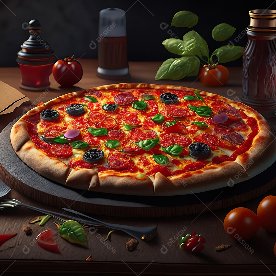 Retrato realista de pizza sobre uma mesa de madeira [download] - Designi
