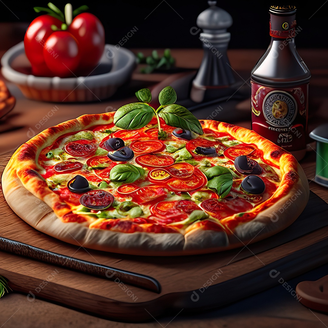 Retrato realista de pizza sobre uma mesa de madeira [download] - Designi