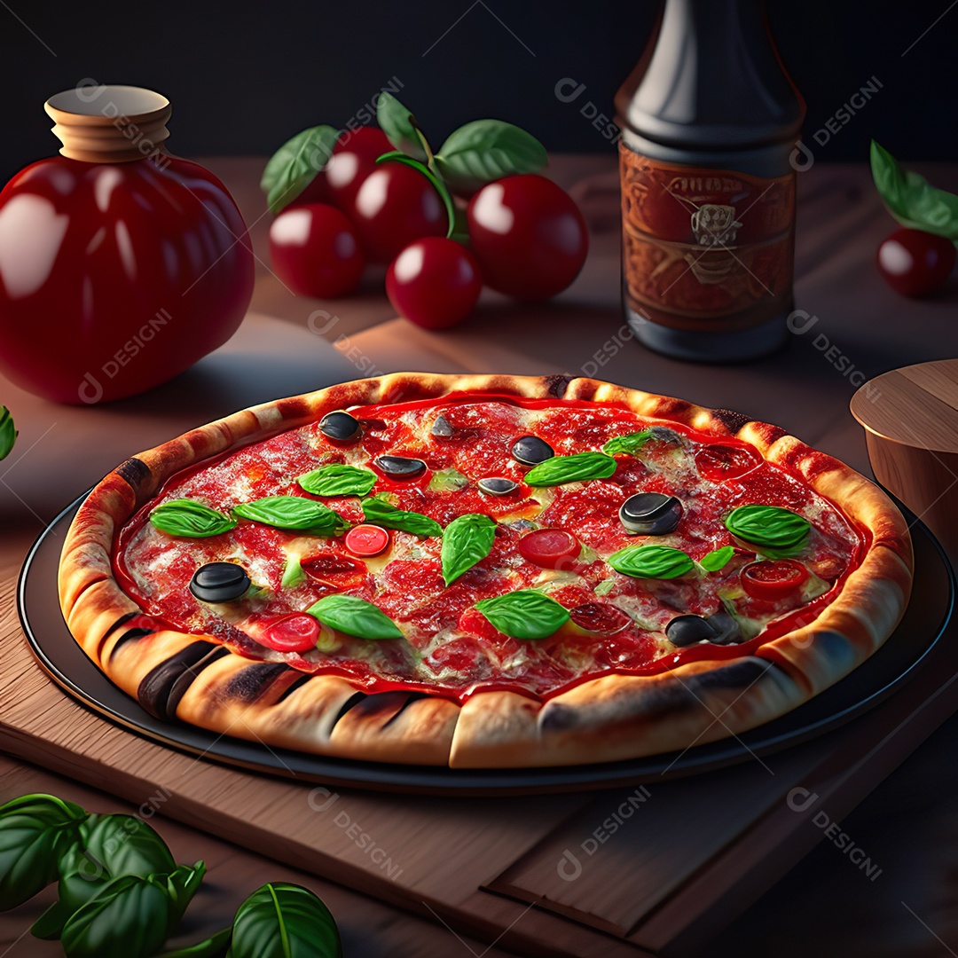 Retrato realista de pizza sobre uma mesa de madeira [download] - Designi