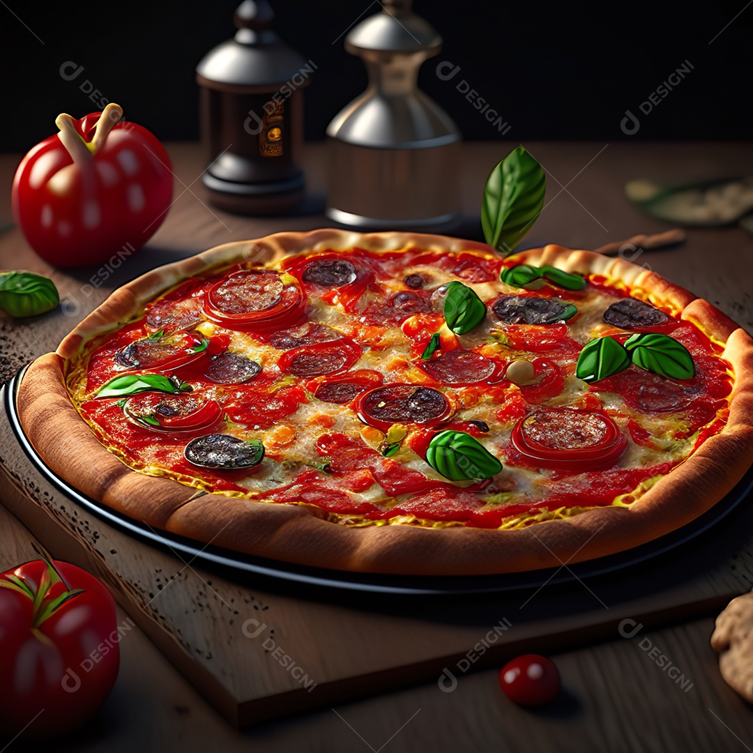 Retrato realista de pizza sobre uma mesa de madeira [download] - Designi