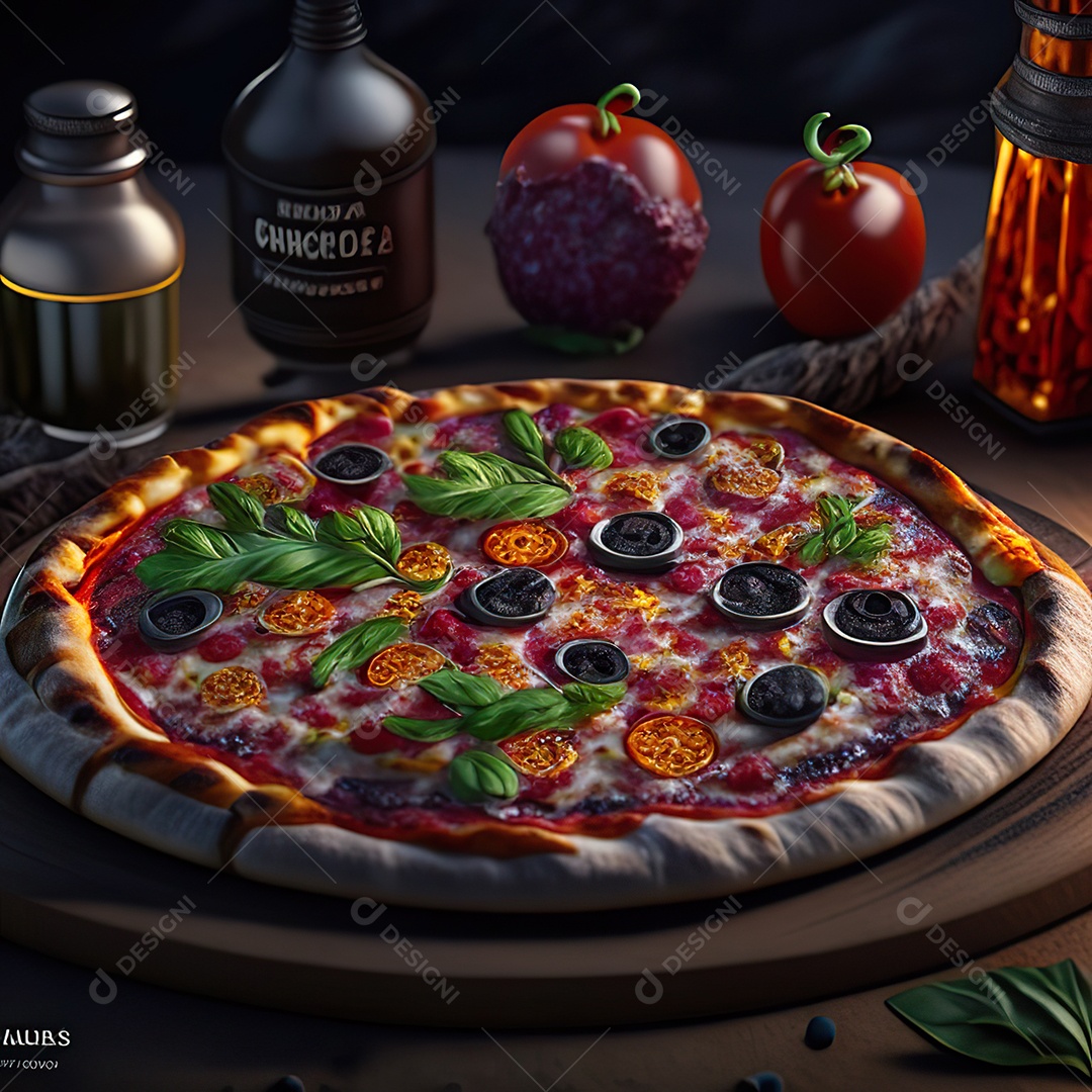 Retrato realista de pizza sobre uma mesa de madeira [download] - Designi