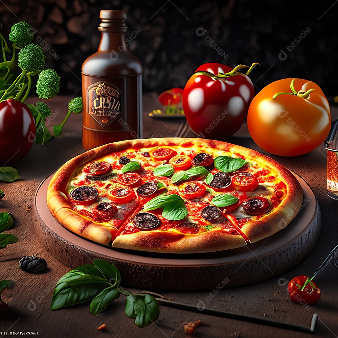 Retrato realista de pizza sobre uma mesa de madeira [download] - Designi