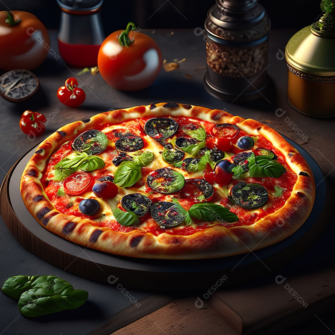 Retrato realista de pizza sobre uma mesa de madeira [download] - Designi