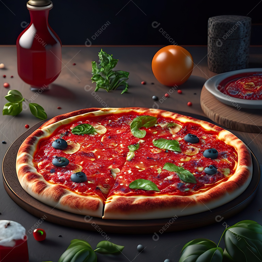 Retrato realista de pizza sobre uma mesa de madeira [download] - Designi