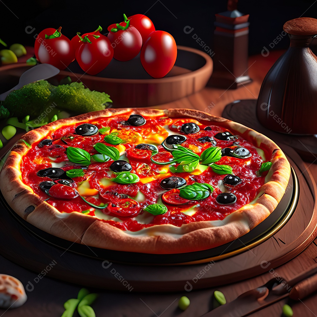 Retrato realista de pizza sobre uma mesa de madeira [download] - Designi