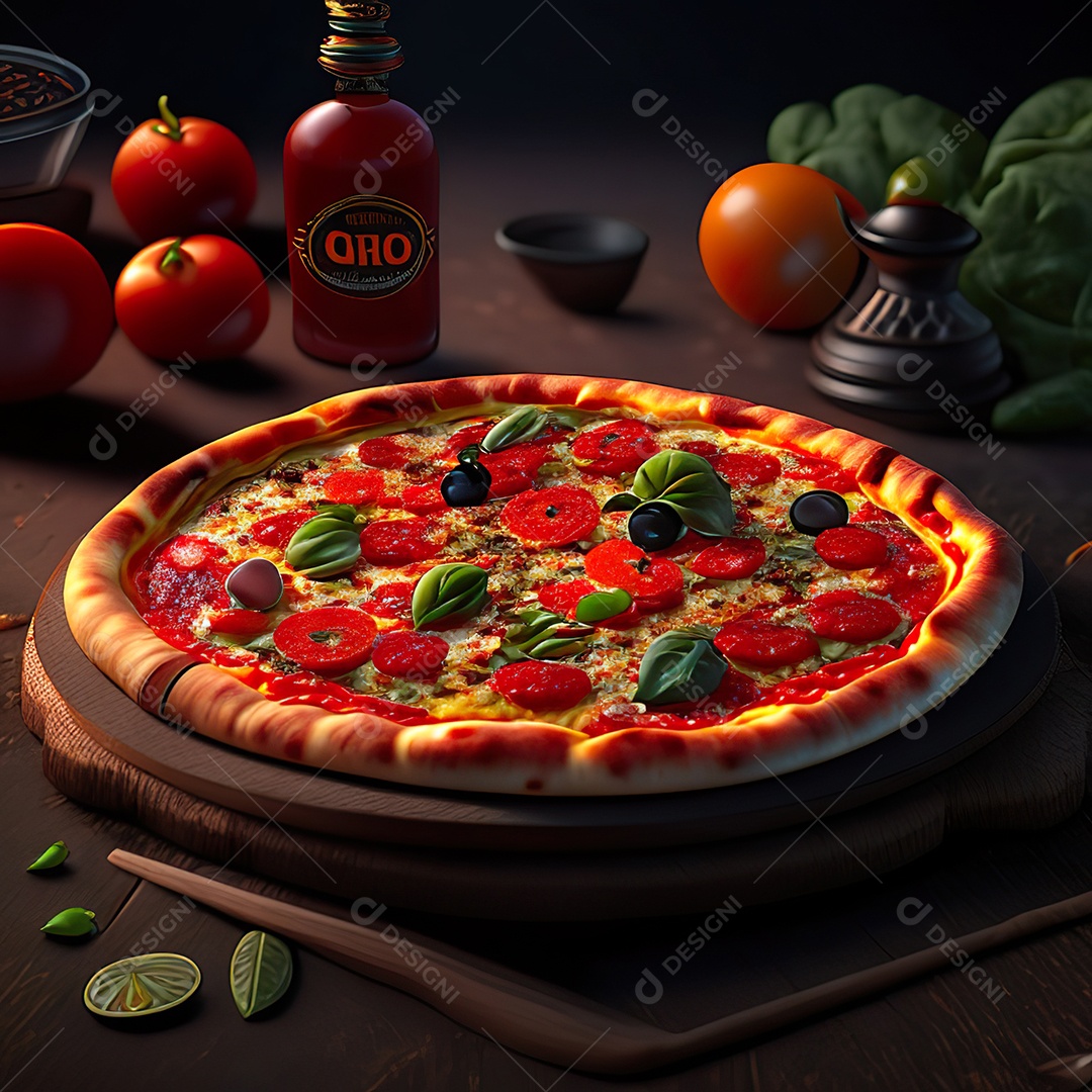 Retrato realista de pizza sobre uma mesa de madeira [download] - Designi