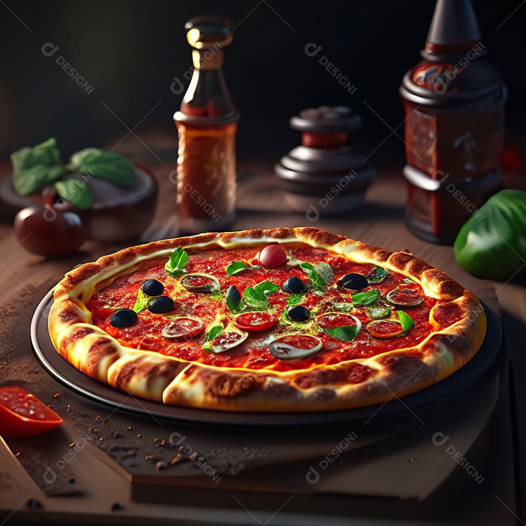 Retrato realista de pizza sobre uma mesa de madeira [download] - Designi