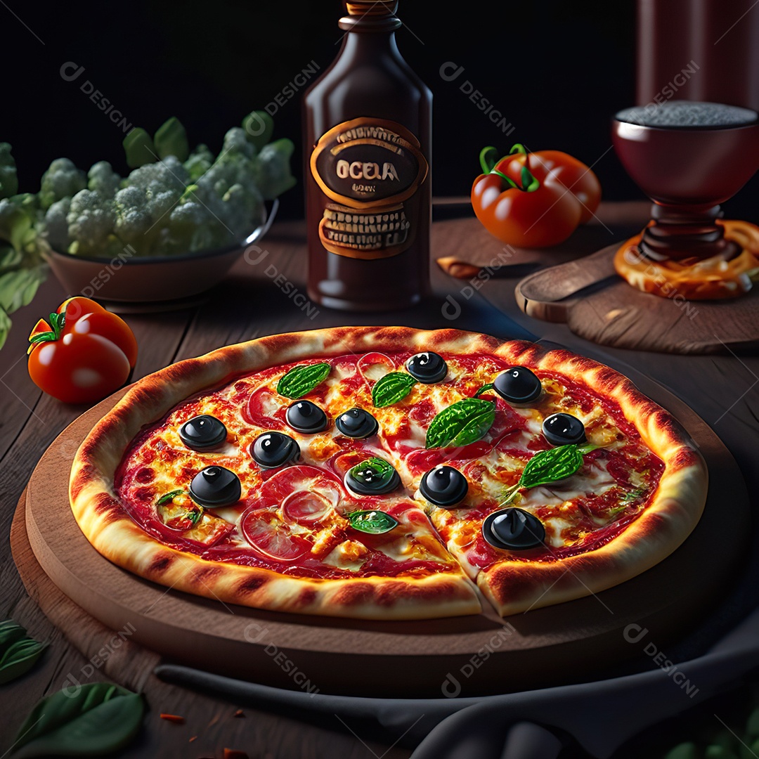Retrato realista de pizza sobre uma mesa de madeira [download] - Designi