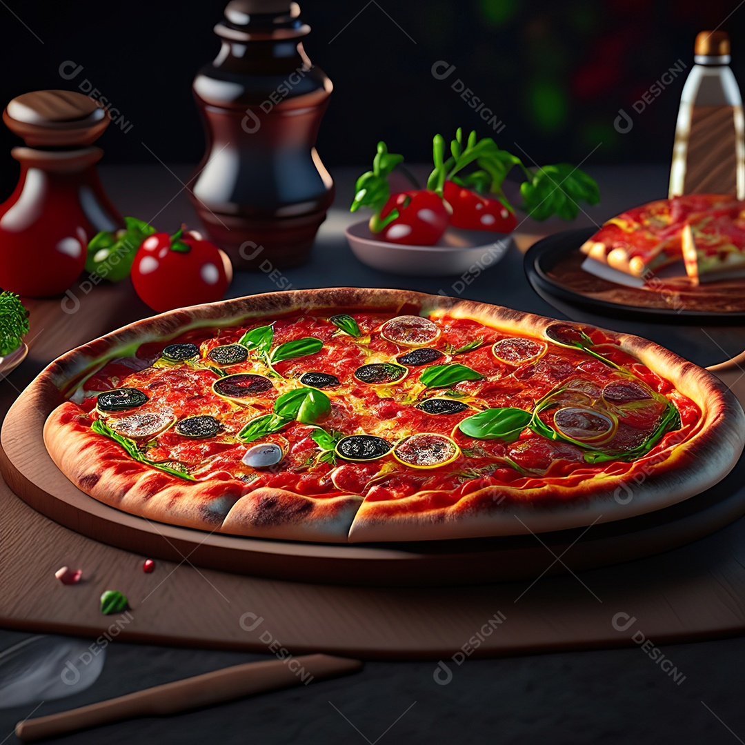 Retrato realista de pizza sobre uma mesa de madeira [download] - Designi