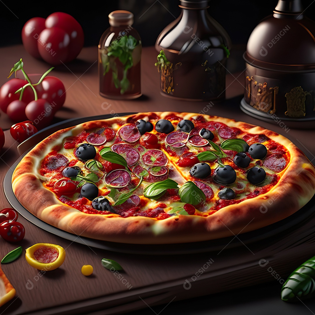 Retrato realista de pizza sobre uma mesa de madeira [download] - Designi