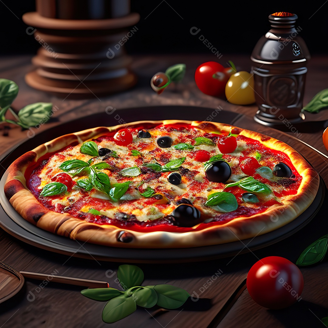 Retrato realista de pizza sobre uma mesa de madeira [download] - Designi