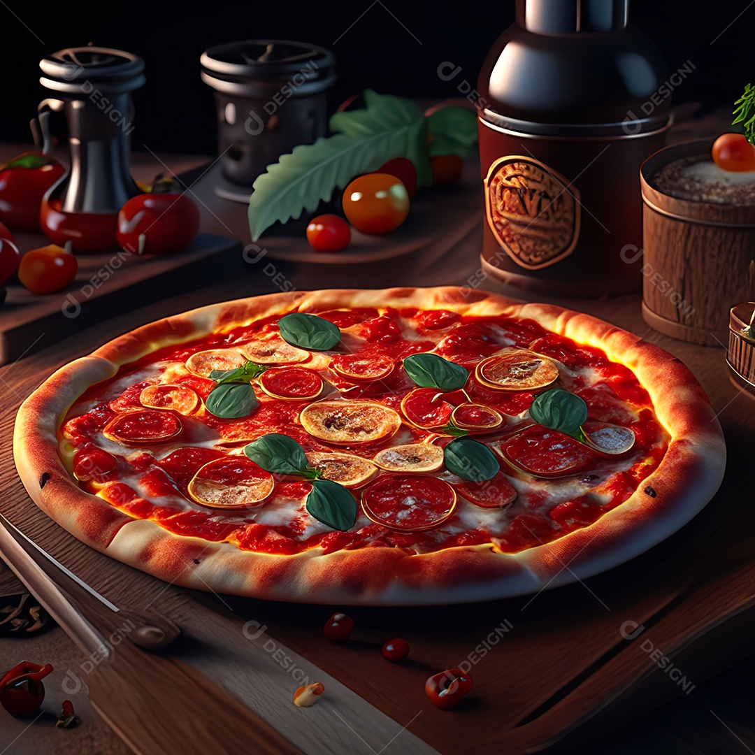 Retrato realista de pizza sobre uma mesa de madeira [download] - Designi