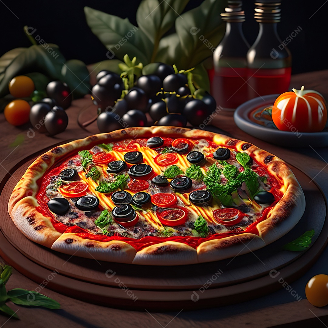 Retrato realista de pizza sobre uma mesa de madeira [download] - Designi