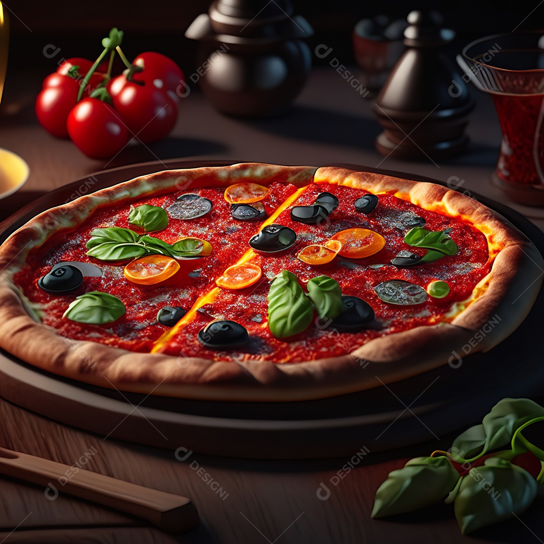 Retrato realista de pizza sobre uma mesa de madeira [download] - Designi