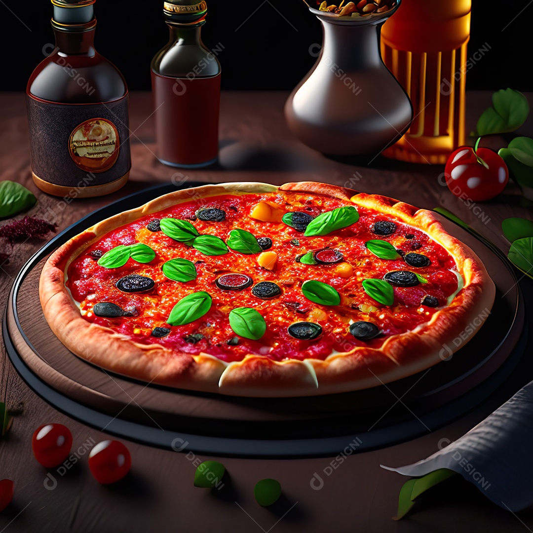 Retrato realista de pizza sobre uma mesa de madeira [download] - Designi