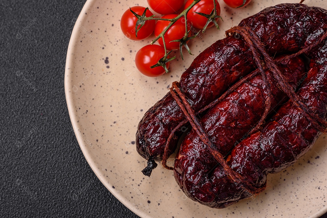 Delicioso chouriço preto ou morcela com especiarias e ervas grelhadas ...