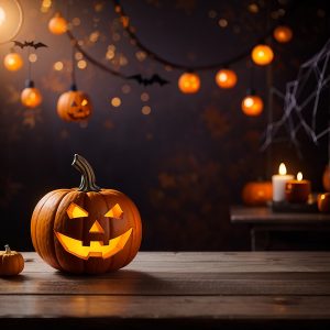Abóbora brilhante de halloween mesa de madeira vazia [download] - Designi