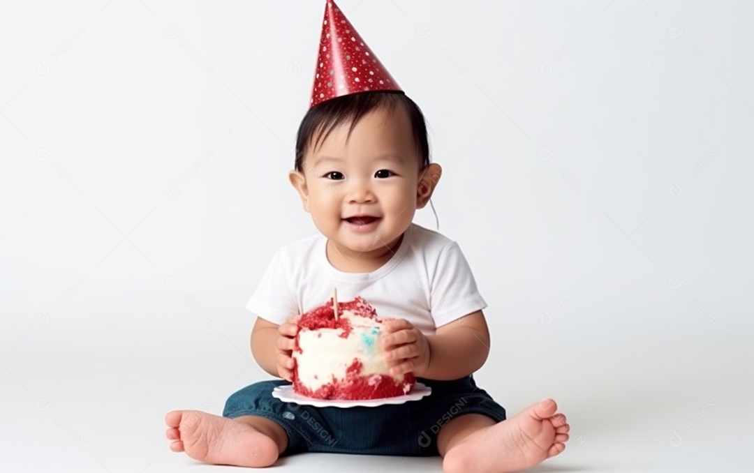 Lindo menino sorridente segurando uma criança de bolo de aniversário ...