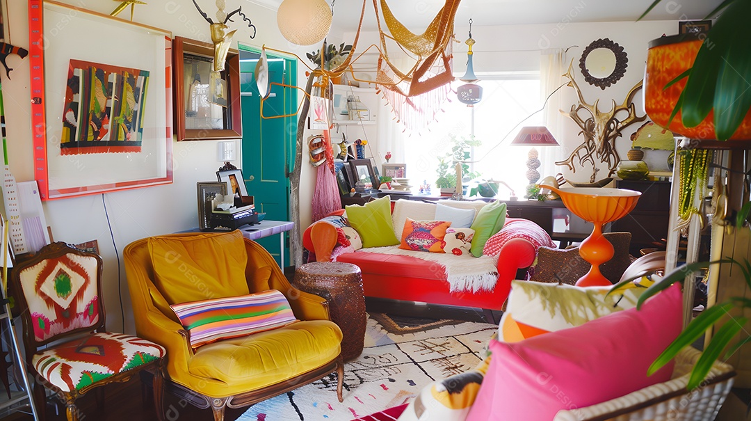 Espaço eclético com toques vibrantes de cores e peças de decoração ...