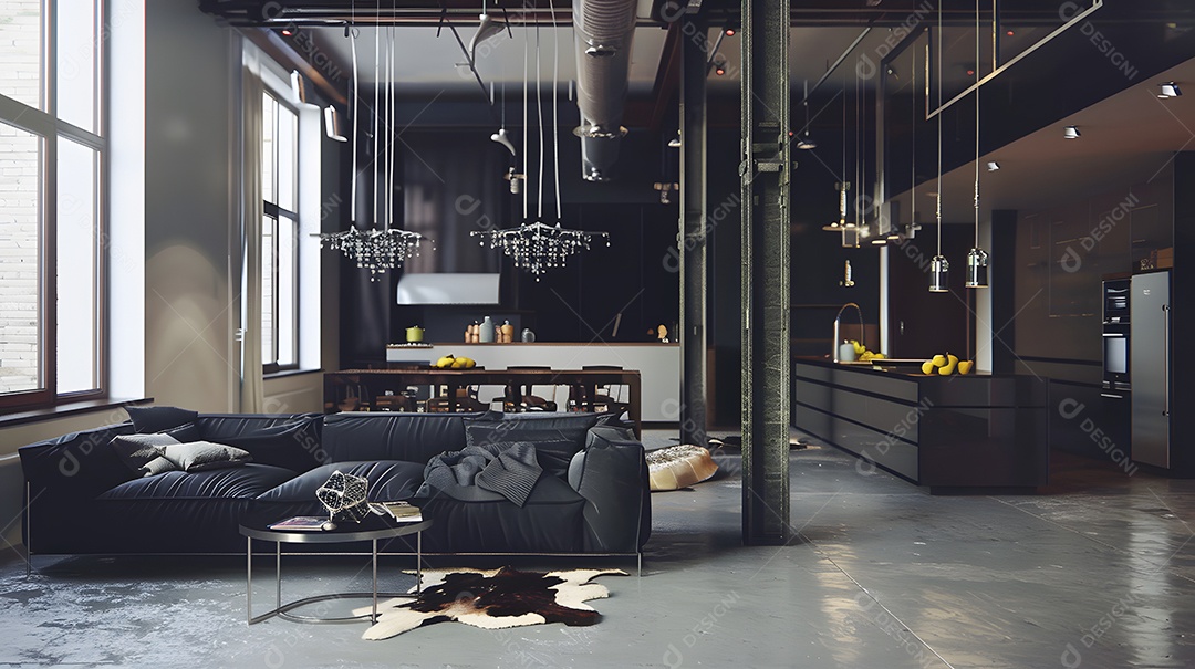 Loft urbano chique com piso de concreto e um lustre elegante [download ...